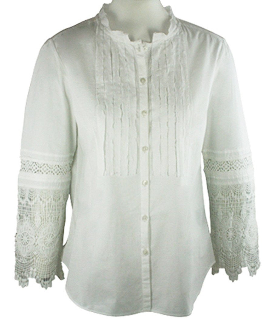 Ravel Fashion Cut-Out Patterned Trimmed Sleeves Mock Neck White Peasant...